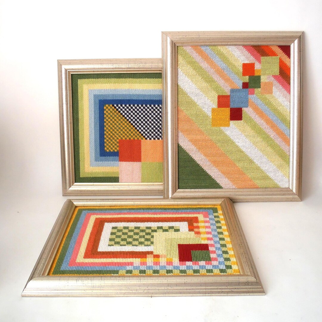 Vintage Constructivism Art Embroidery Picture, Geometric Forms Mid ...