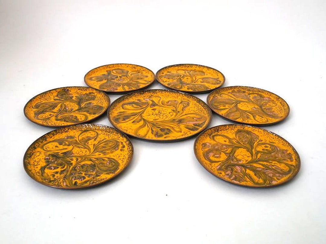 Mid Century Enamel Coasters, Set of 7 Enamel on Copper Coasters, 1960s ...