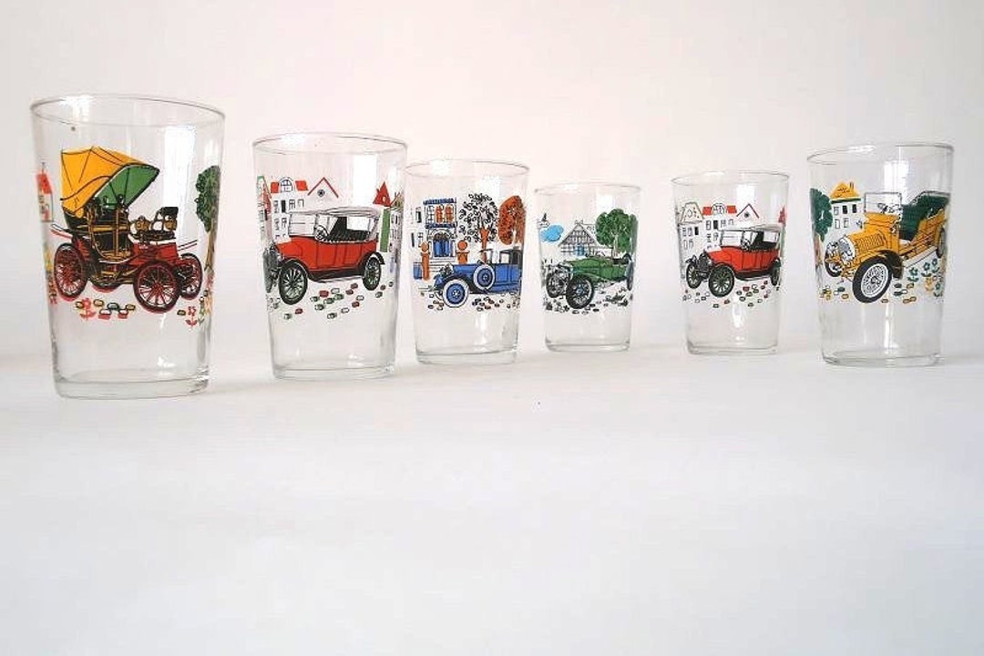 Vintage Lemonade Glasses, Set of 6 Water Glasses, Old Timer Car Motiv ...