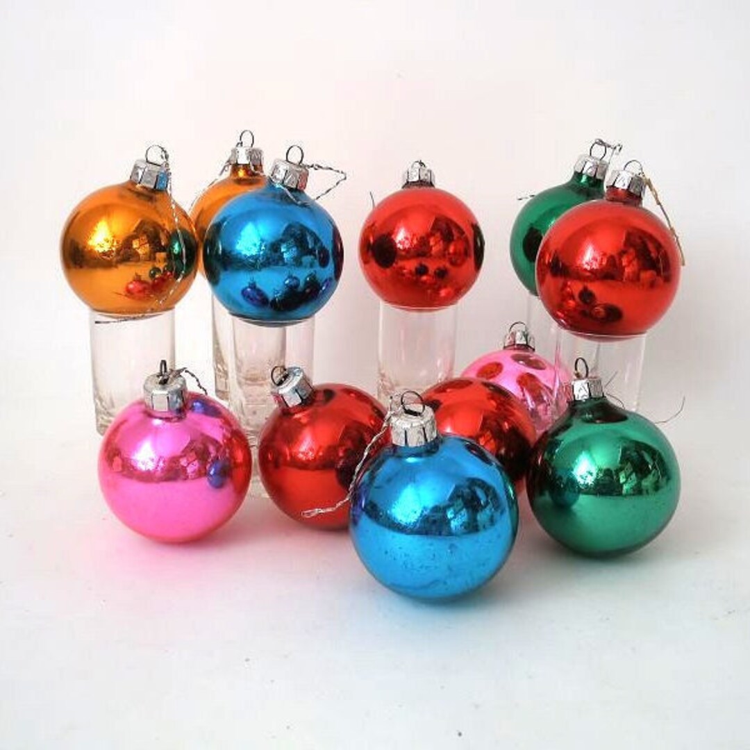 12 Vintage Christmas Tree Ornaments, 60s 70s Glass Baubles, German ...