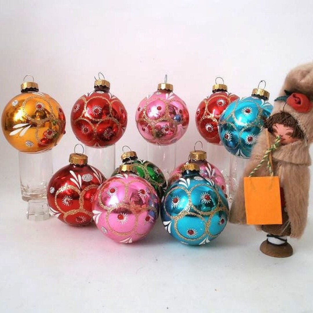 10 Vintage Christmas Tree Ornaments, Glass Baubles, German Christmas ...