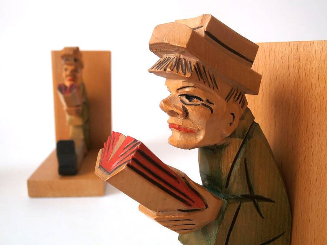 Vintage Bookworm Bookends, Hand Carved Wooden Book Ends, Mid Century ...
