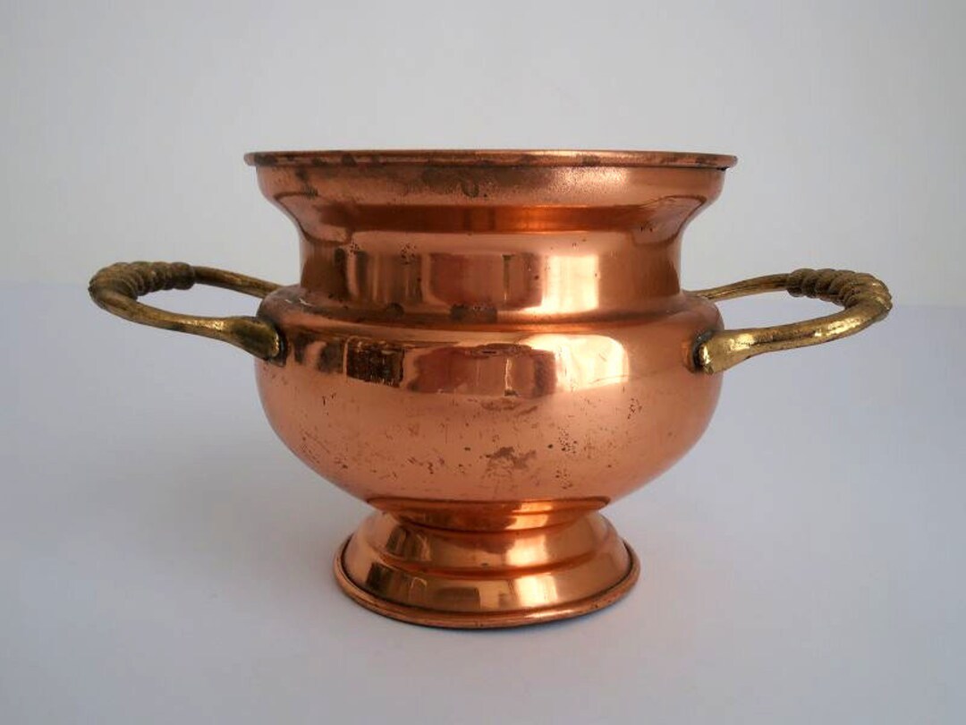 Vintage Copper Plant Pot, Copper Planter, Brass Handle, Mid Century ...