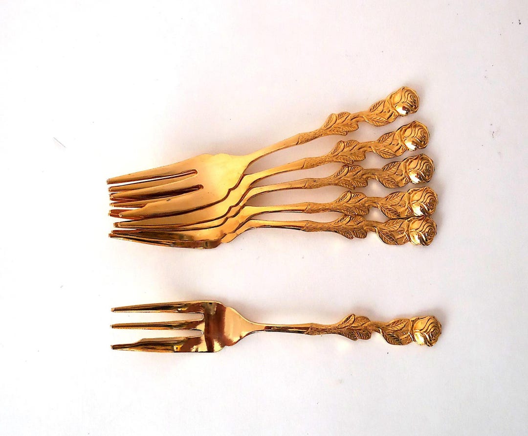 Set of Six Small Golden Cake Forks, Rose Flatware, Gold Wedding ...