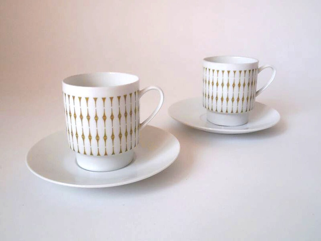 50s Cofffee Cups and Saucers in White With Olive Green Decor, Melitta ...