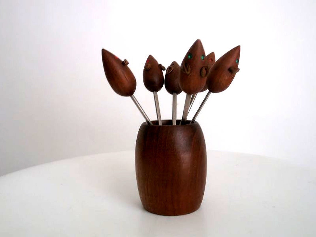 Wooden Party Forks, Wooden Mouse Party Pieker, Vintage Wood Figurine ...