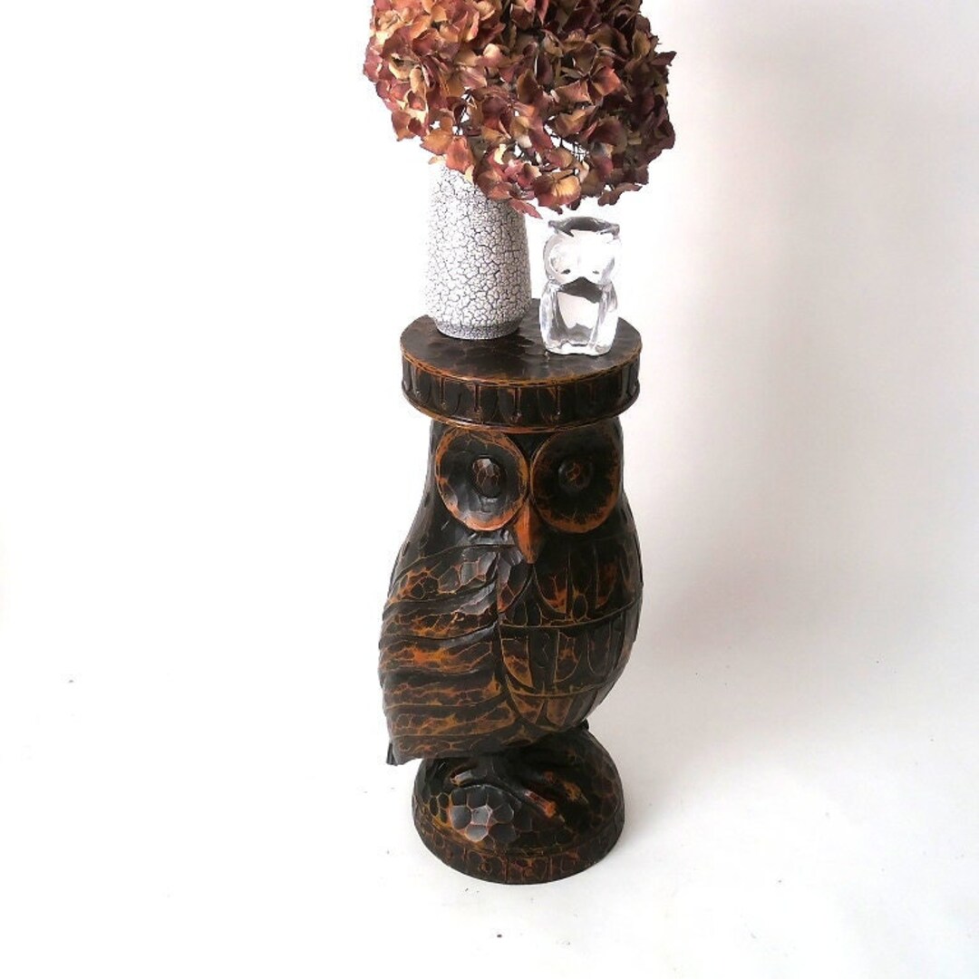 Mid Century Plant Table Owl Figurine, Owl Side Table Faux Wood, Mid ...
