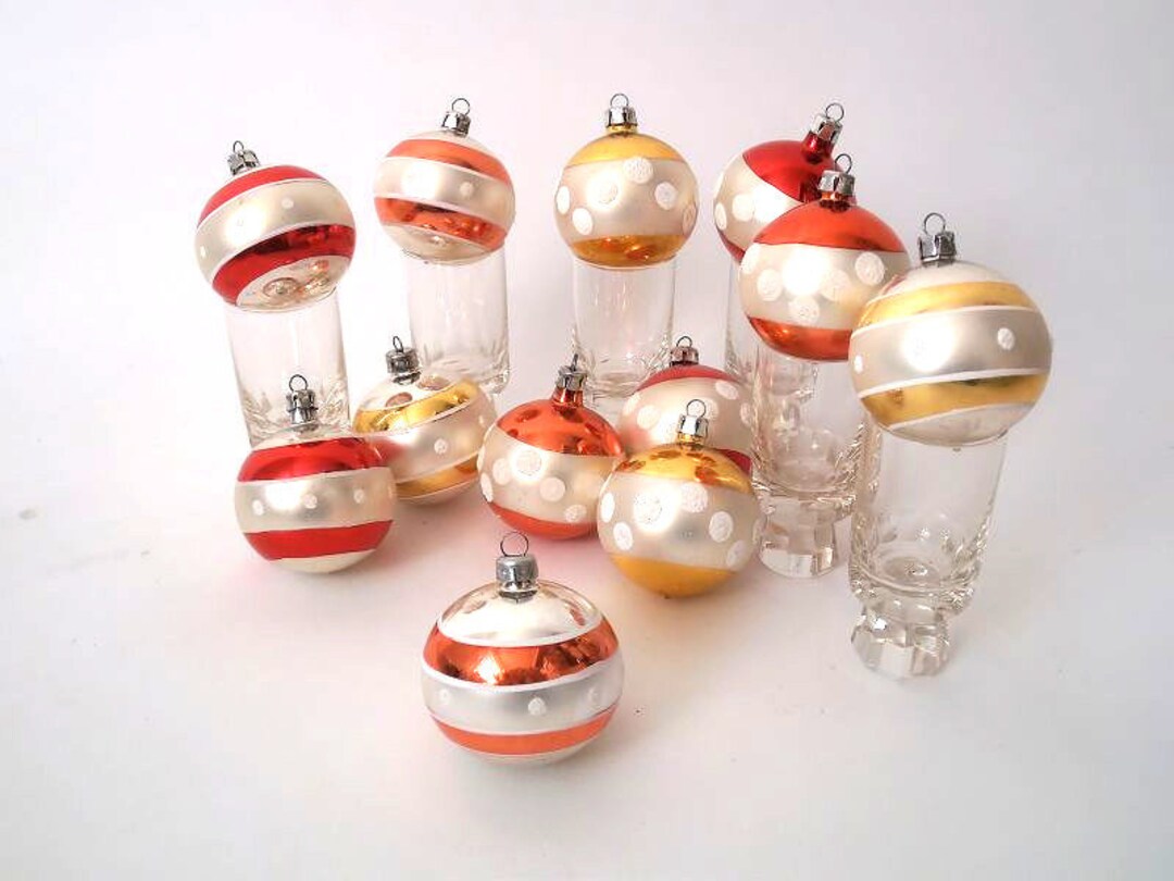12 Vintage Christmas Tree Ornaments, 60s Glass Baubles, East German ...