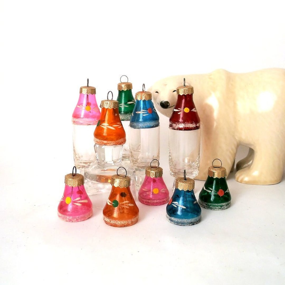 Vintage German Christmas Ornaments Bell Shape Set of 10, Glitter Balls ...
