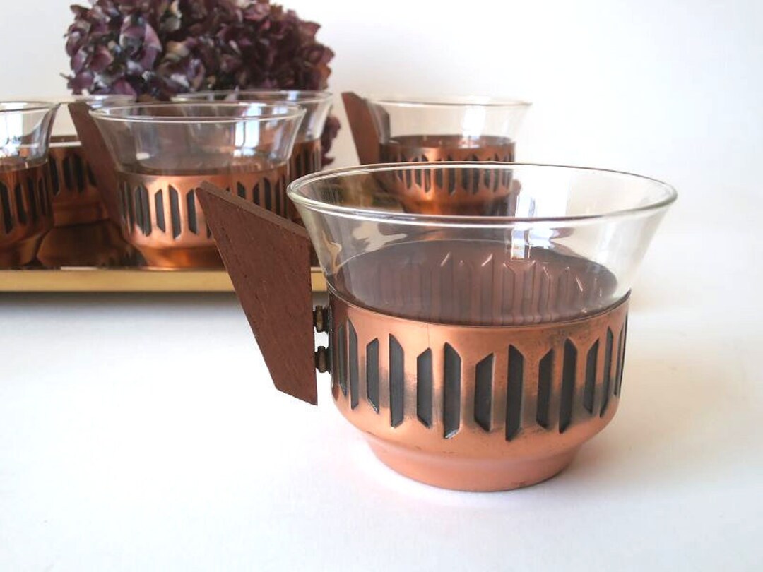 Mid Century Modern Tea Set, 6 Jenaer Glass Cups by Schott Mainz, Brass ...