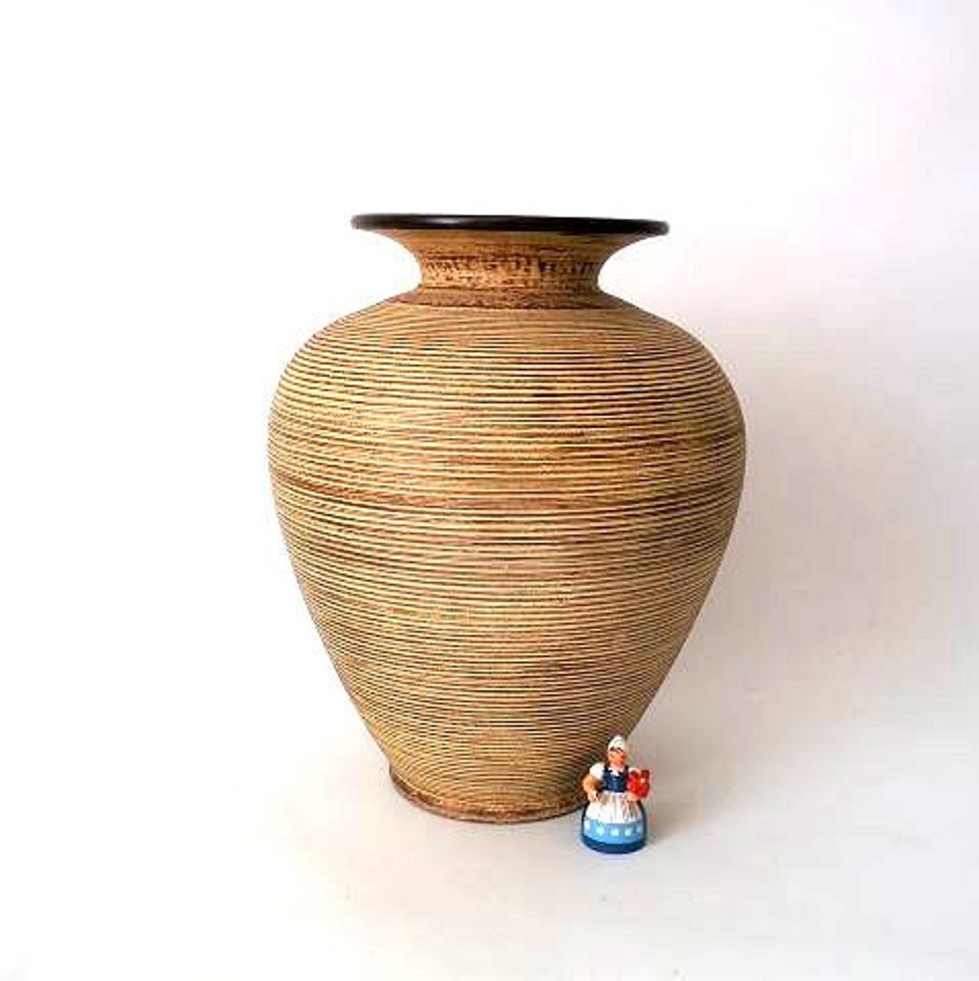 XL Vintage Clay Vase Sgraffito Pattern, Brown Beige Mid Century Clay ...