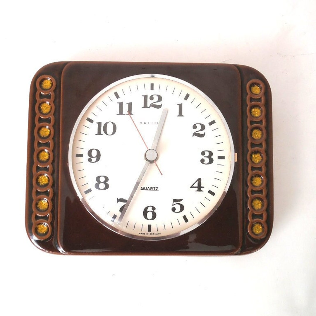 70s Retro Rectangular Wall Clock Glossy Brown Ceramic Kitchen Clock ...