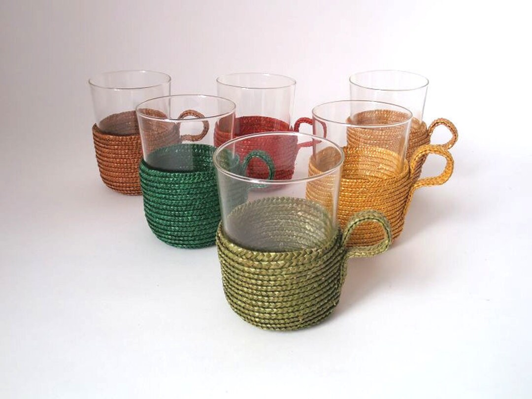 Vintage Rustic Wicker Cup Holders, Set of 6 Mid Century Boho Straw Cup ...