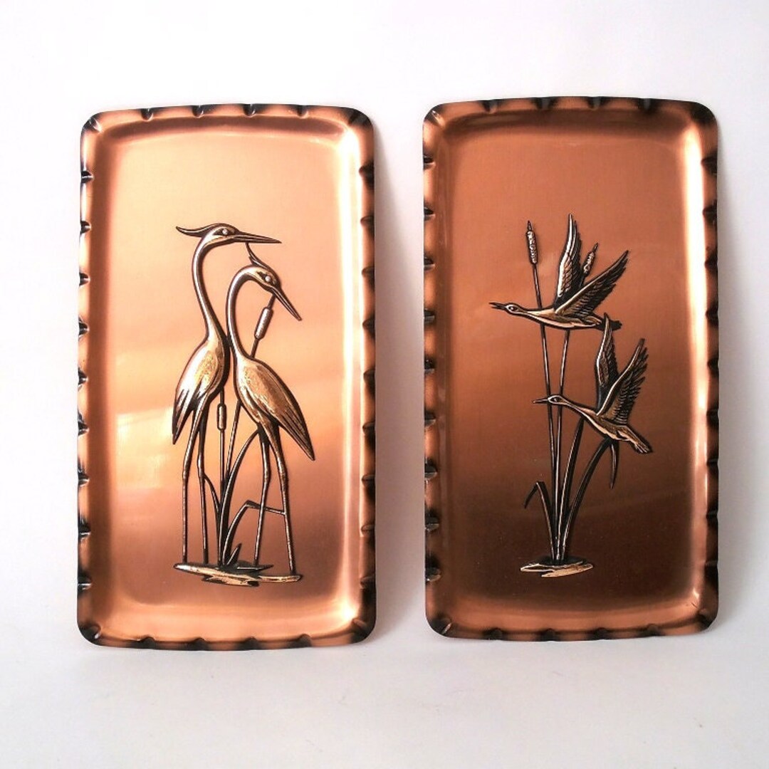 Vintage Mural in Metal/sheet With Anodized Copper, Crane Relief Mid ...