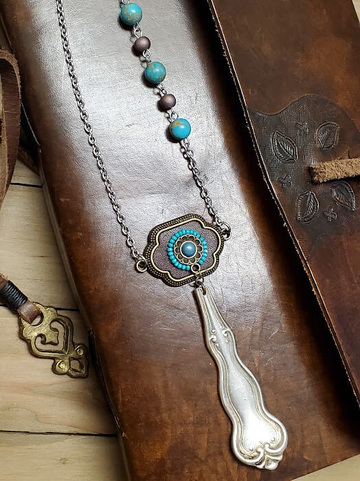 Turquoise & Leather Recycled Silverware Necklace - Etsy