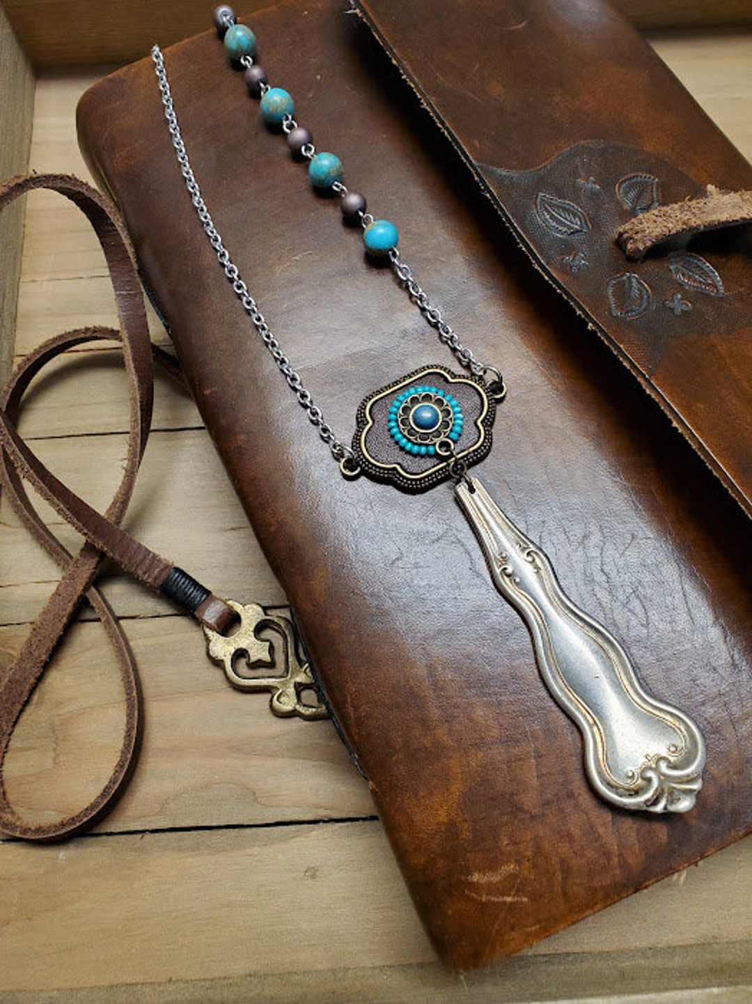 Turquoise & Leather Recycled Silverware Necklace - Etsy