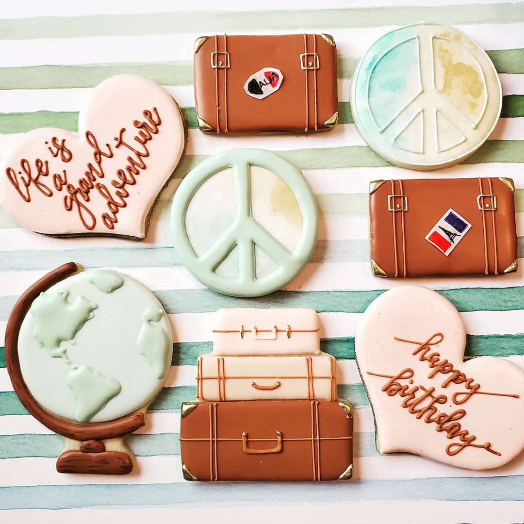 Travel Sugar Cookies: Globe, Suitcase, Peace Sign, Adventure Awaits ...