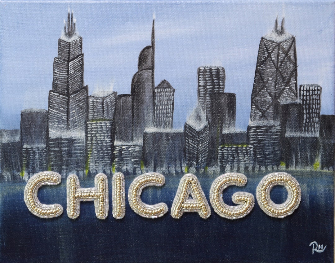 Chicago Abstract Artwork Beaded Canvas, Landmarks Embroidery, Wall ...