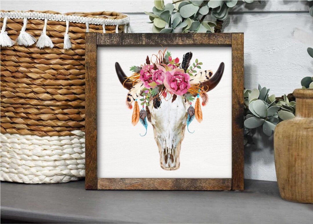 13 Framed Cow Skull Aztec Southwestern Solid Wood Western Farmhouse ...