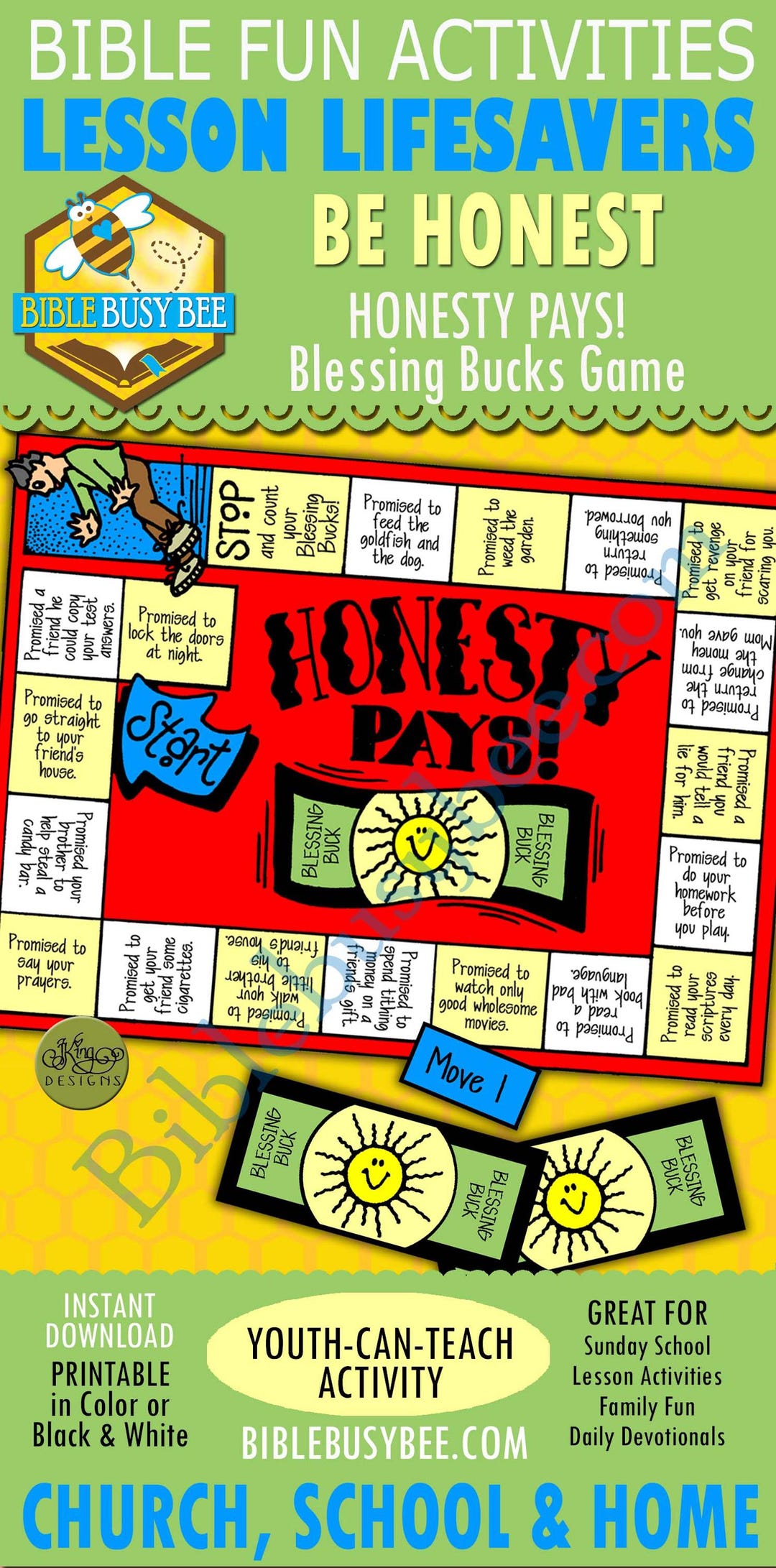 BE HONEST Honesty Pays! Blessing Bucks Game - Lesson Lifesaver Activity ...