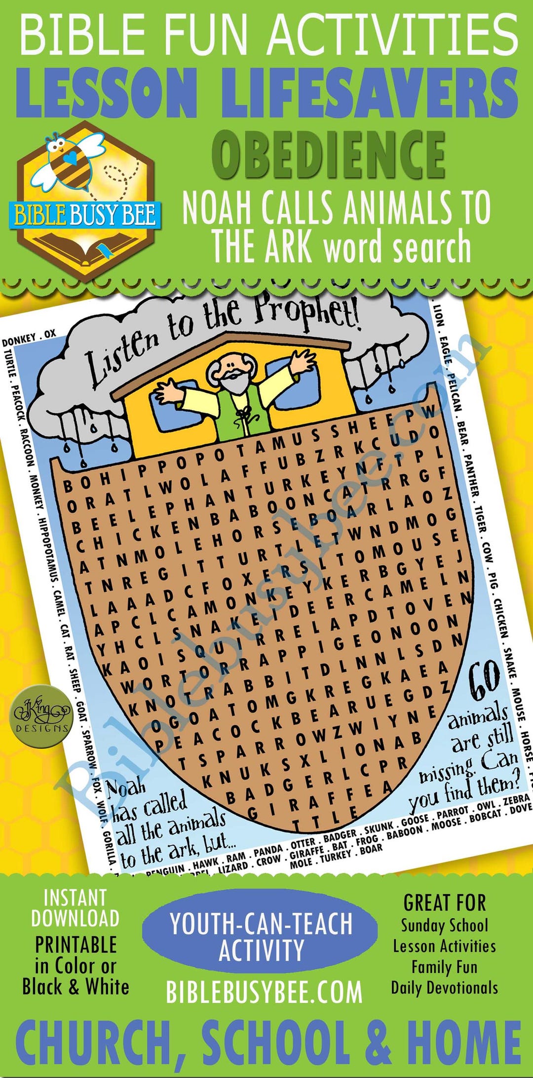 NOAH "listen to the Prophet!" Noah and Ark Word-search Puzzle for ...