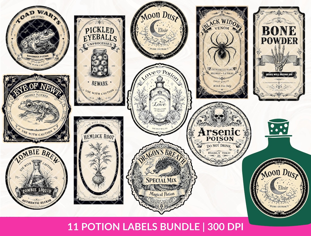 Potion Labels PNG Bundle, Mystic Potion Labels Sublimation, Apothecary ...