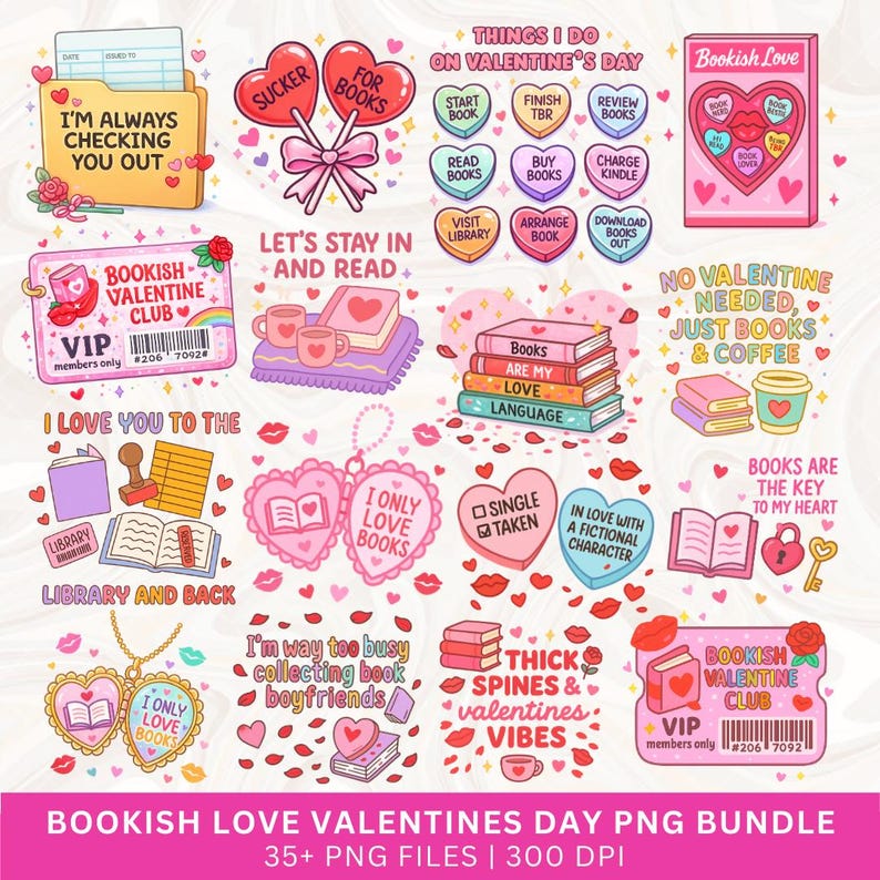 Valentine Bookish PNG Bundle, Valentines Day Book Lover Sublimation ...