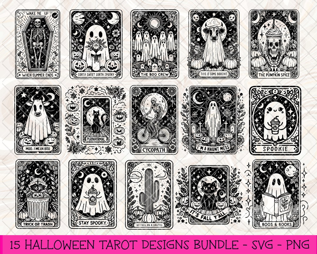 Halloween Tarot Card PNG Bundle, Funny Kawaii Halloween Tarot Cards SVG, Cute Ghost Stay Spooky ...