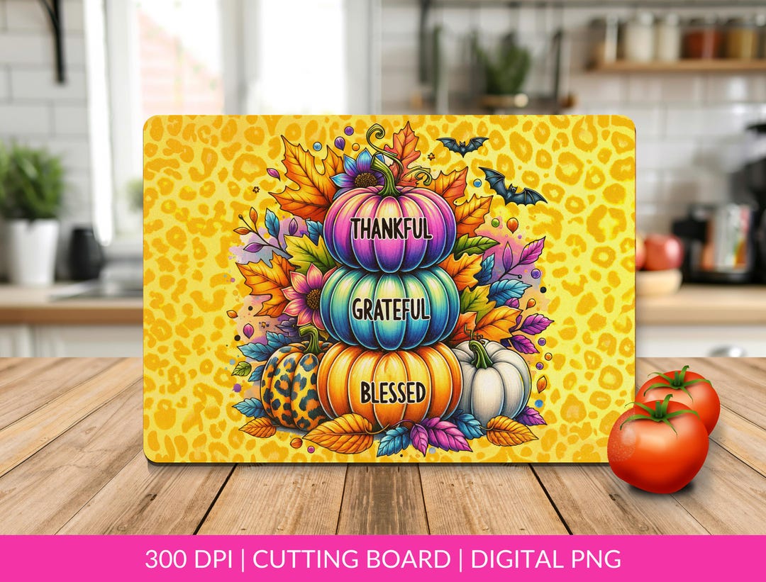 Thankful Grateful Blessed Cutting Board Design Download, Watercolour Fall Thanksgiving Pumpkin ...