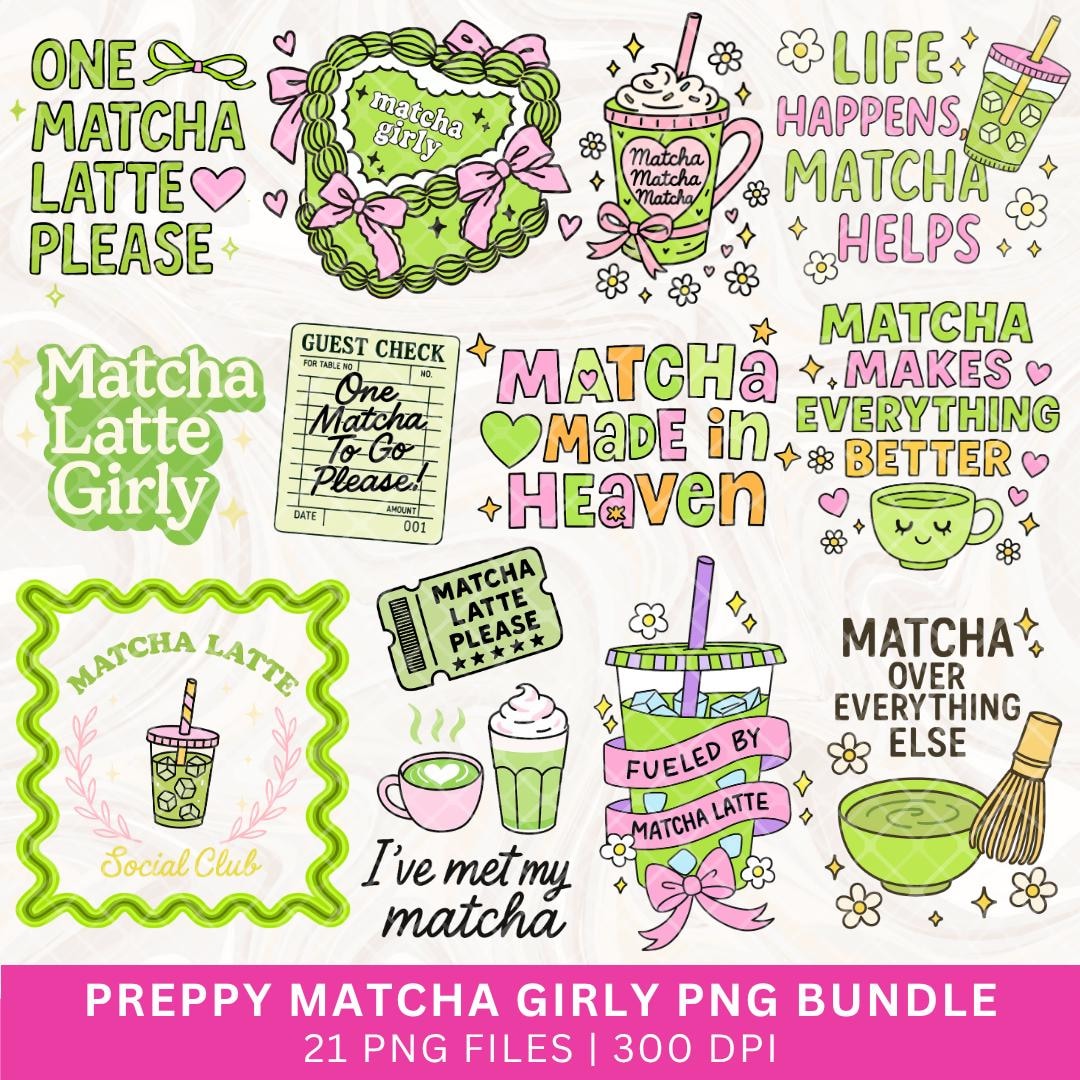 Matcha PNG Bundle, Coffee Quotes, Preppy Sublimation Coffee Clipart ...
