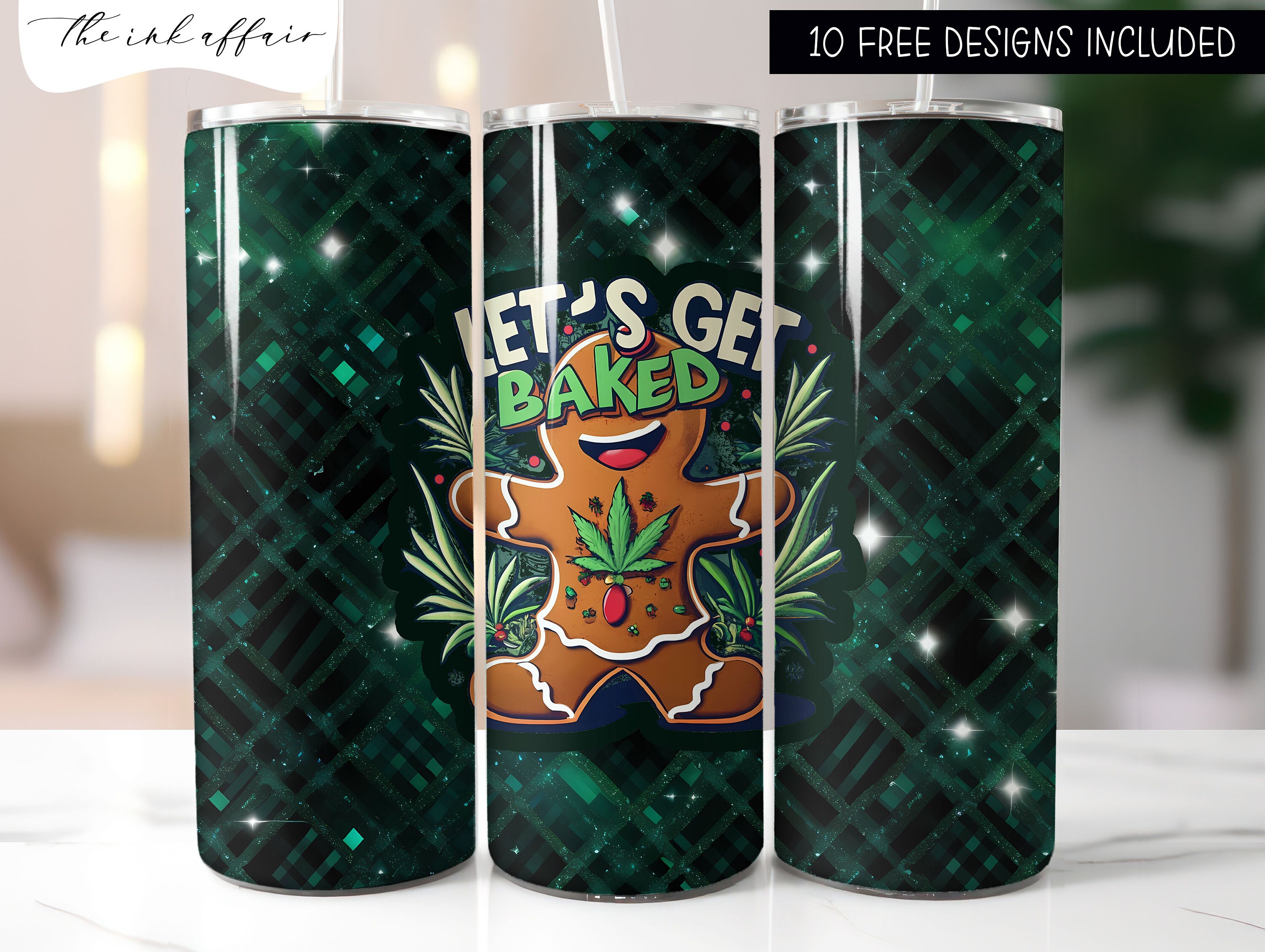 Let's Get Baked Christmas Weed 20 Oz Skinny Tumbler Wrap, Glitter Plaid ...