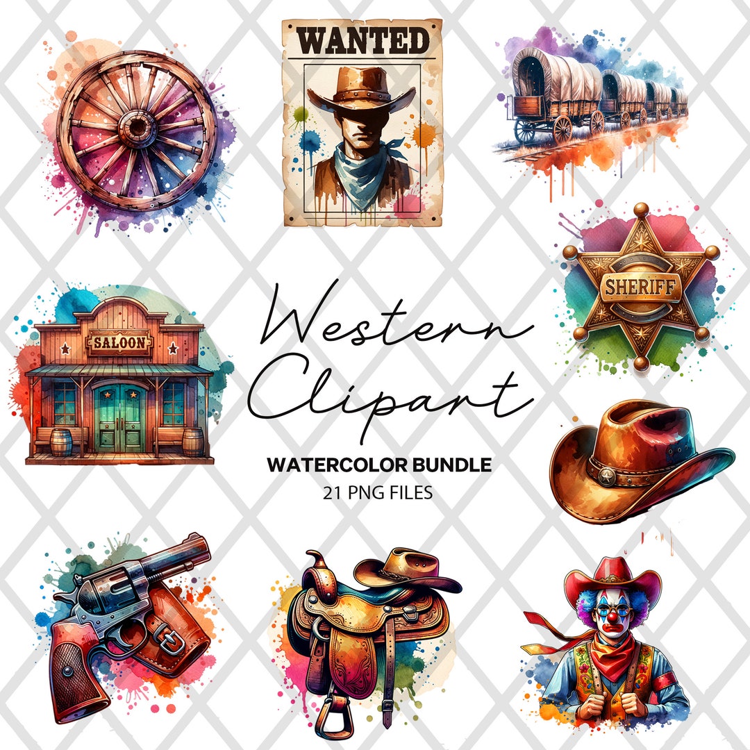 Western Cowboy Clipart Bundle, Watercolour Western Pngs, Country Boots ...