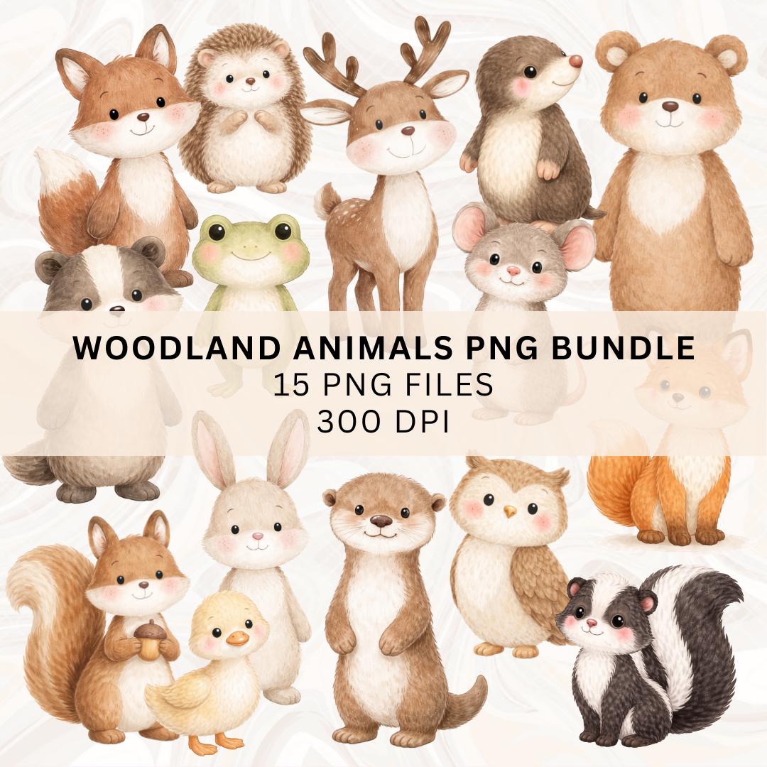 Watercolor Woodland Animals Clipart PNG Bundle, Cute Kids Animals ...