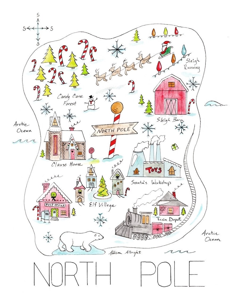 North Pole Map Color 11x14, Map Art, Downtown North Pole Map, Street ...
