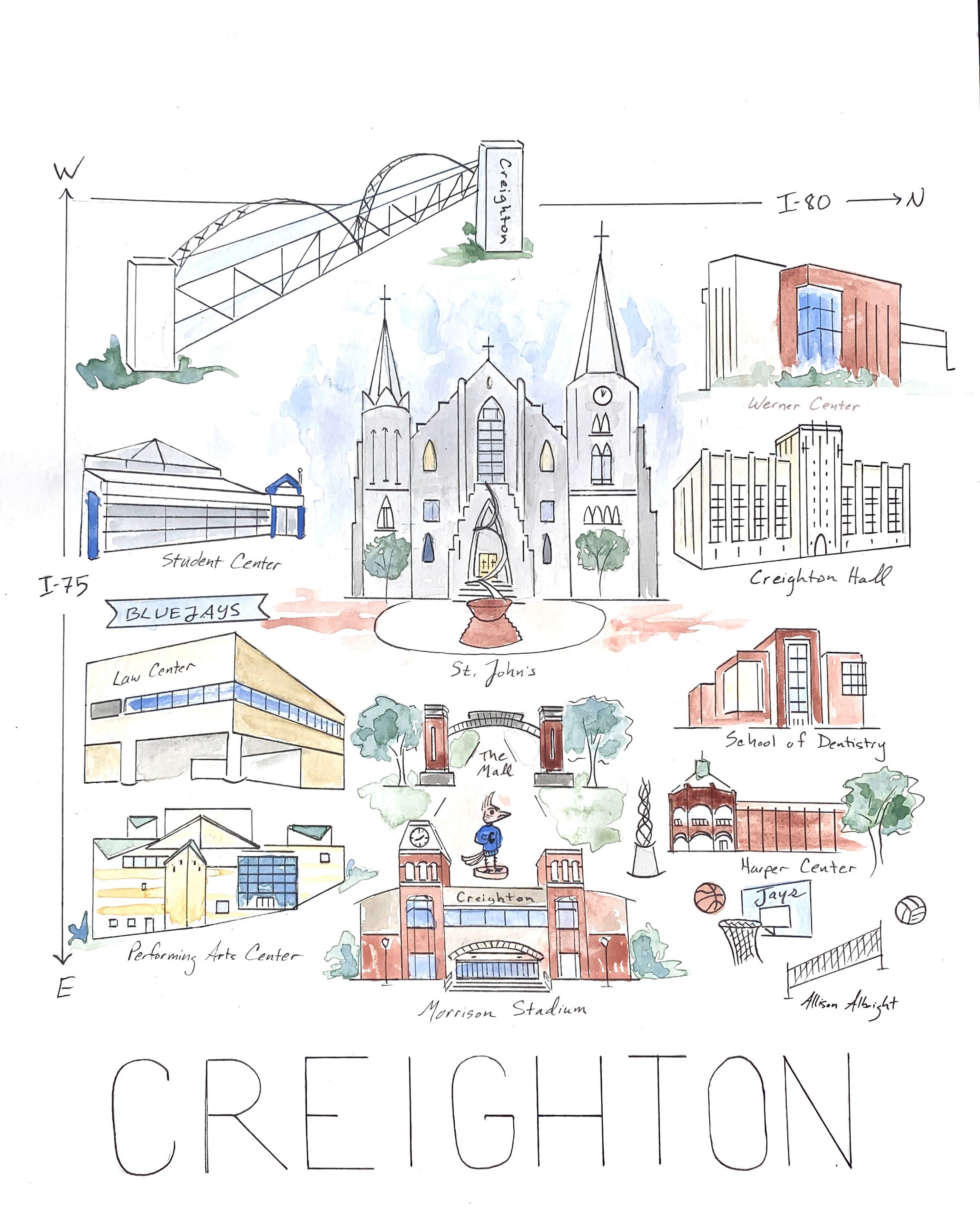 Creighton University Map Color Print, Omaha Nebraska Map, Map Art 11x14 ...