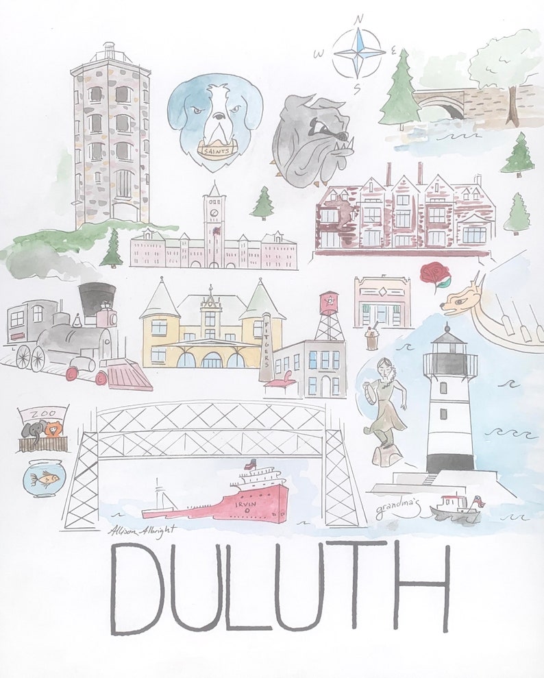 Duluth Minnesota Map Color 11x14, Map Art, Downtown Duluth MN Map ...