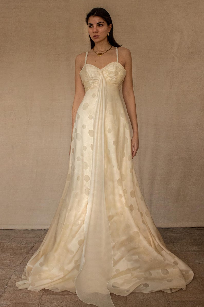 338 - Vintage Silk Organza Wedding Dress: Ivory Polka Dot Empire Style ...