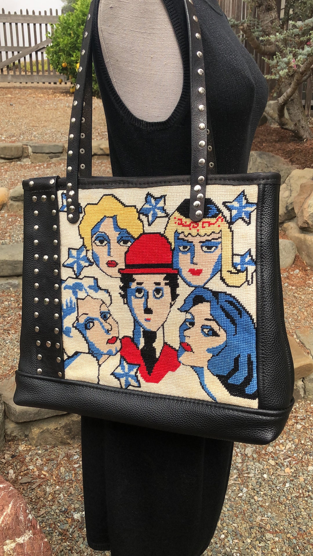 Black Leather Tote Bag, Movie Star Needlepoint, Studded Trim - Etsy