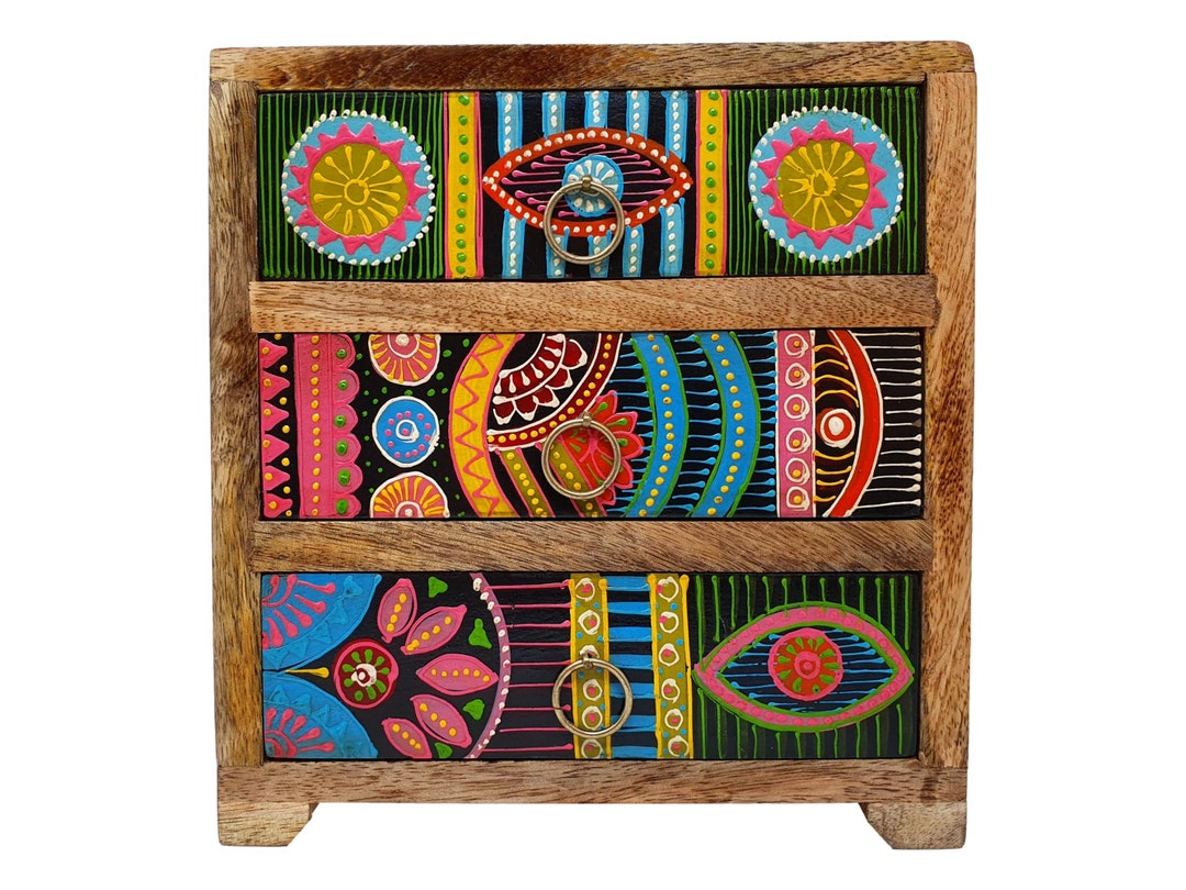 Hand Painted Wooden Jewellery Box | Jewellery Chest | Three Drawers ...