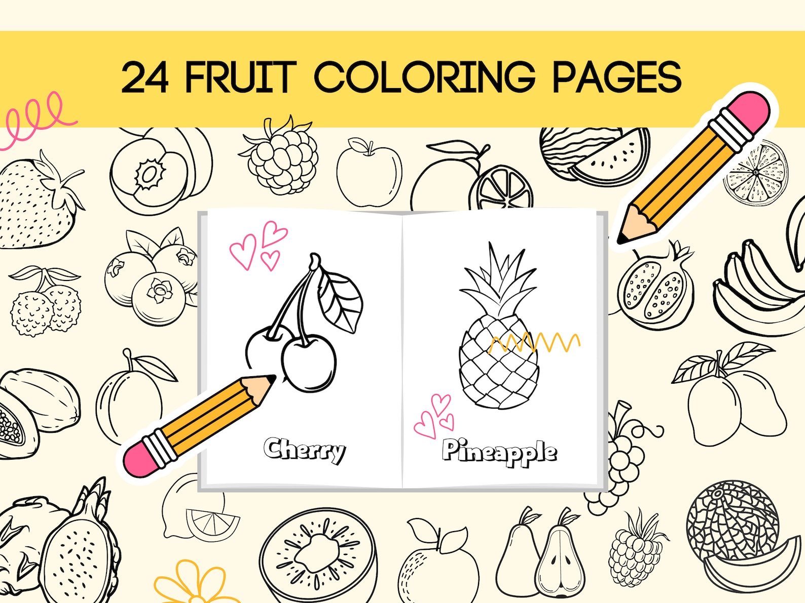 24 PRINTABLE Fruit Coloring Pages for Kids Fruits for - Etsy