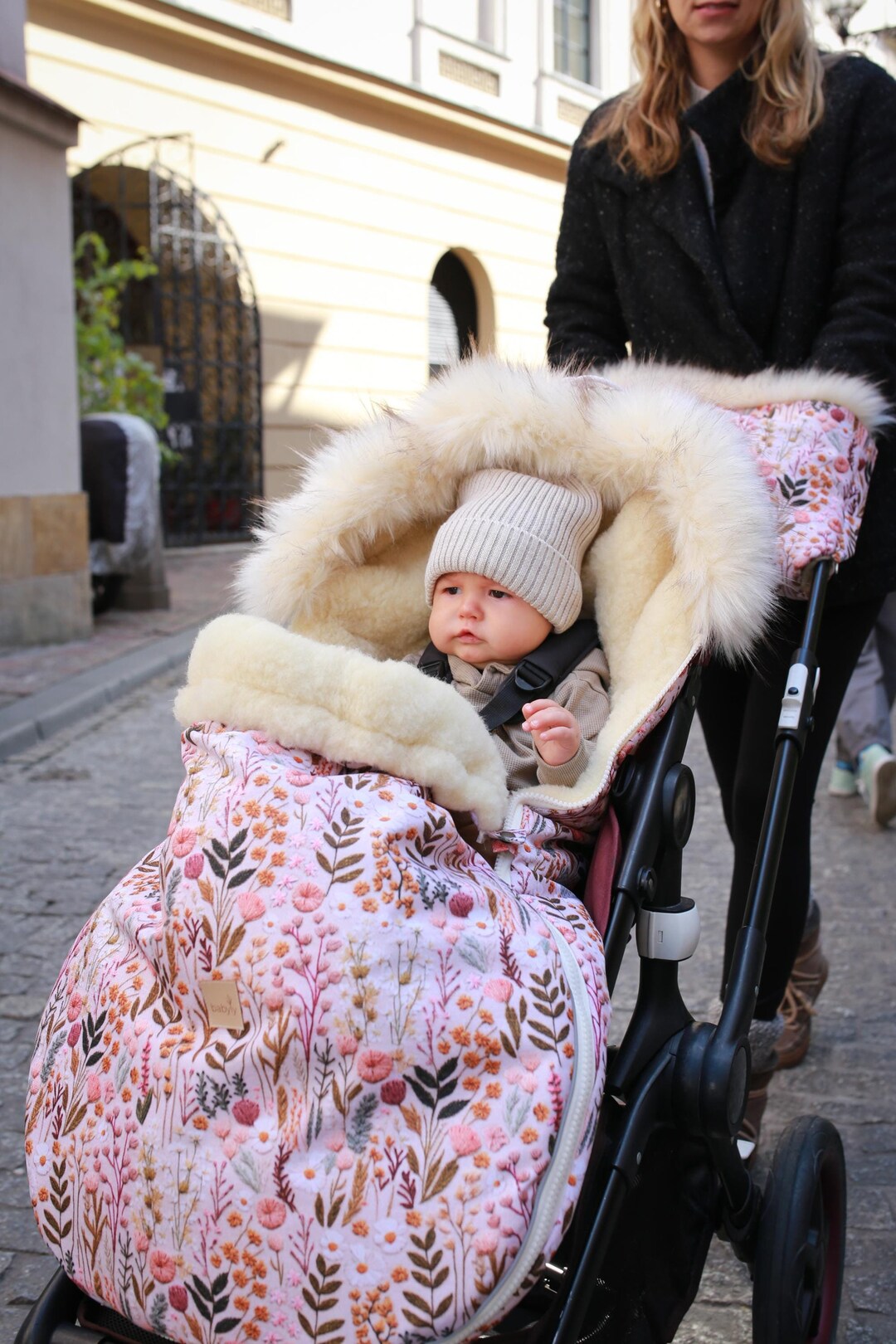 Pram Footmuff - SHEEP WOOL - Flowery, Velvet Stroller Footmuff ...