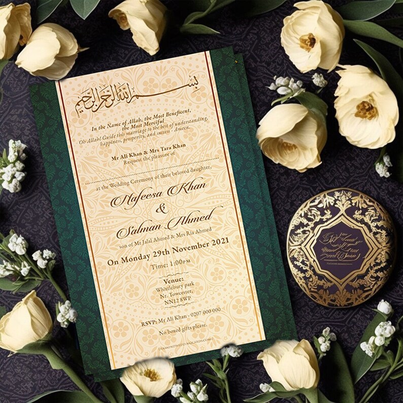 Muslim Wedding Invitation Green Islamic Invite Nikkah - Etsy