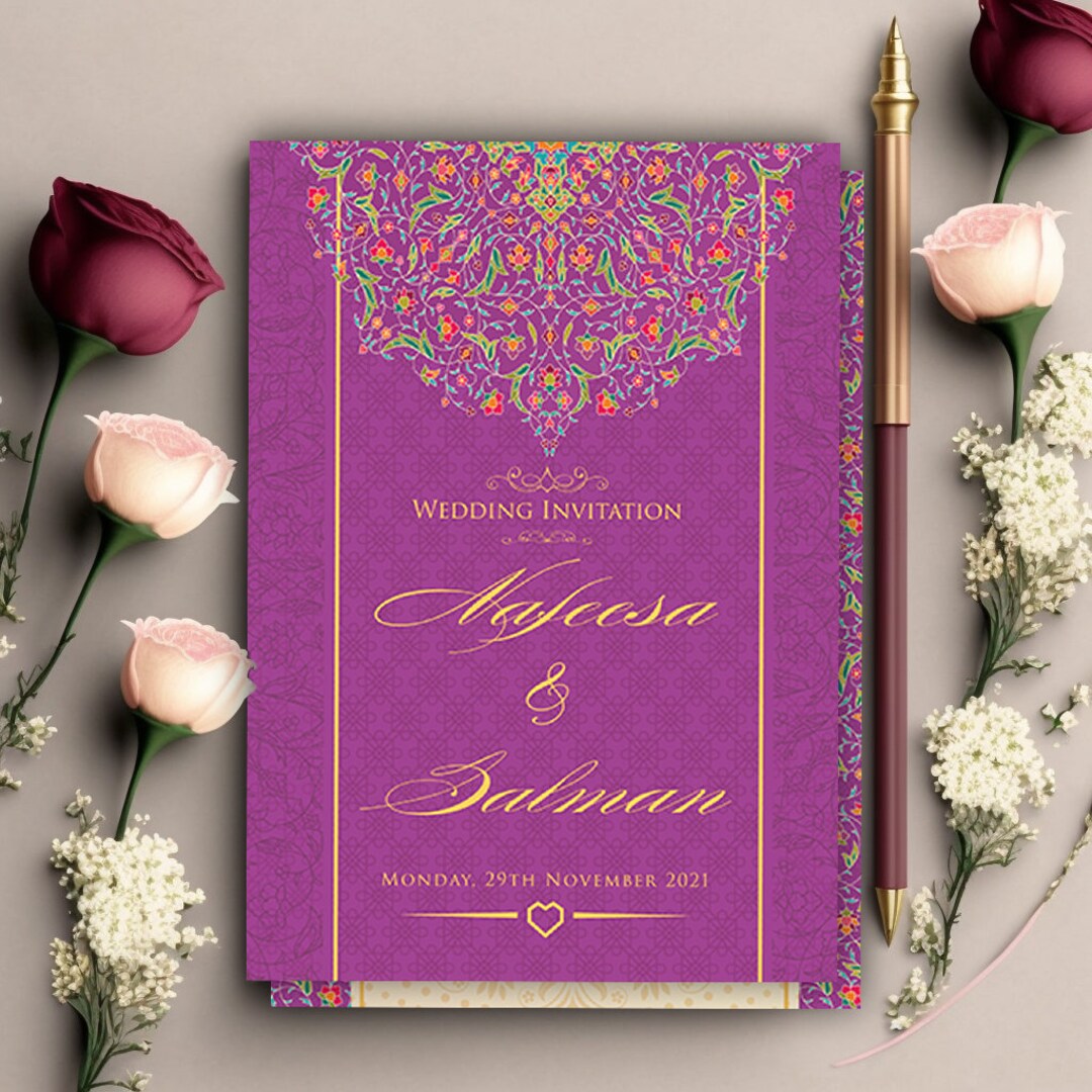 Muslim Wedding Invitation Floral Pink Islamic Invite Nikkah Baraat