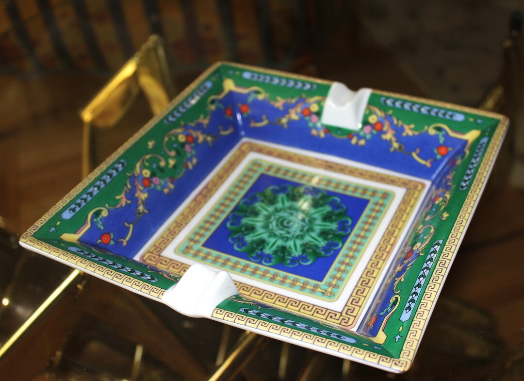 Vintage Cigar Porcelain Ashtray Versace Style Decoration in Blue Green ...