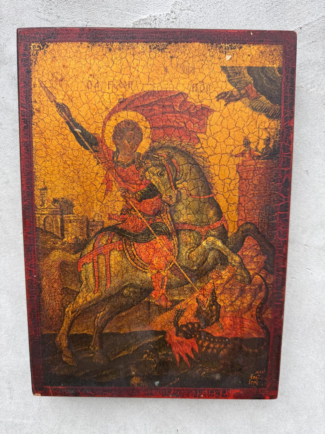 Handmade Wooden Orthodox Christian Icon, St George Slaying Dragon ...