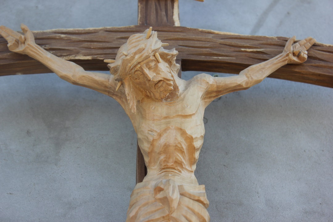 Large Hand-carved Wooden Crucifix, Artisan 70 Cm Wall Cross, Religious ...