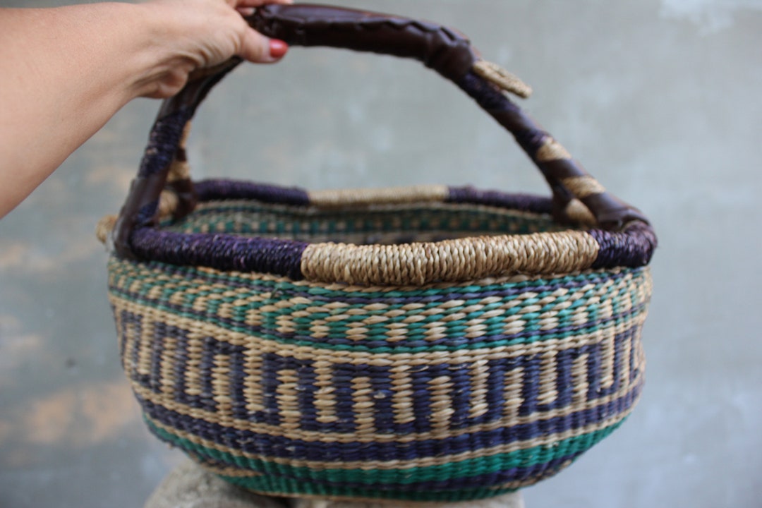 Handwoven Bolga Market Basket: African Straw Tote With Leather Handle ...