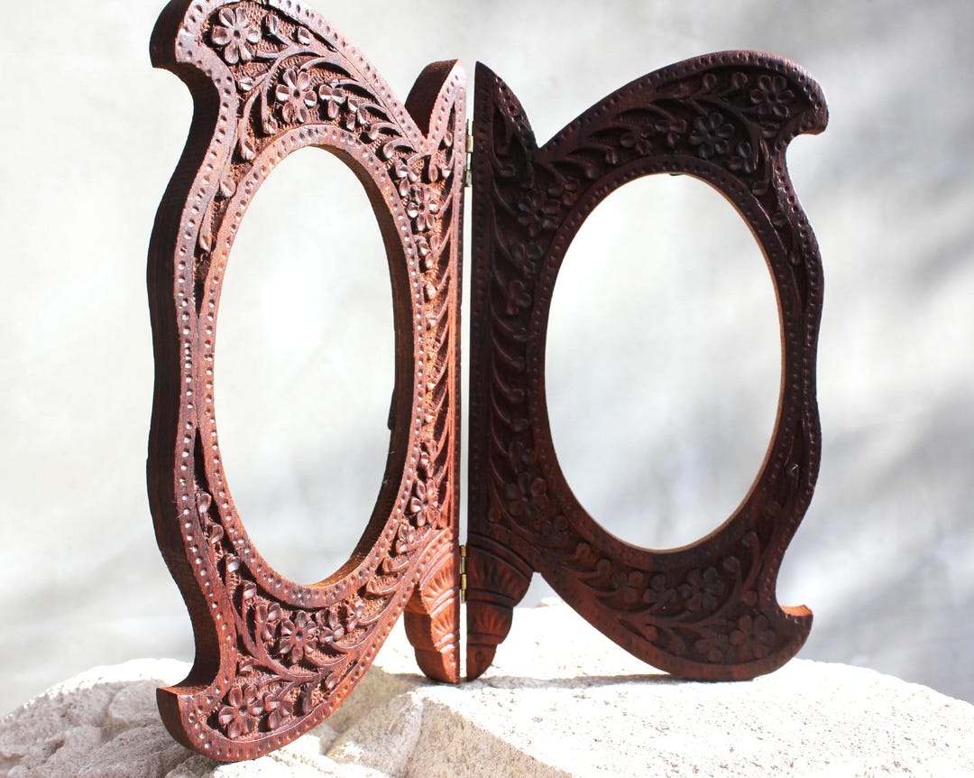Hand-carved Wooden Double Photo Frame: Rustic Floral Folding Display - Etsy