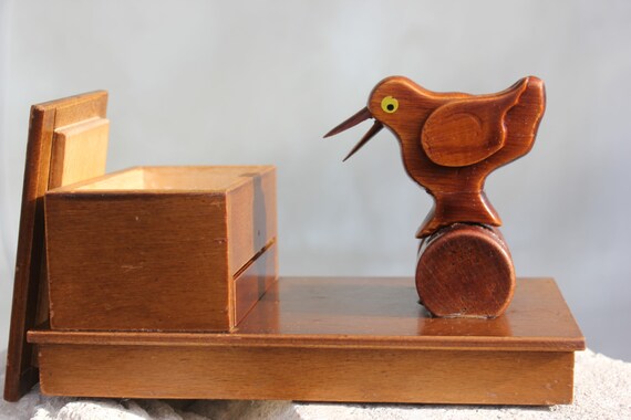 Vintage Wooden Funny cigarette box Bird Mechanism col… - Gem