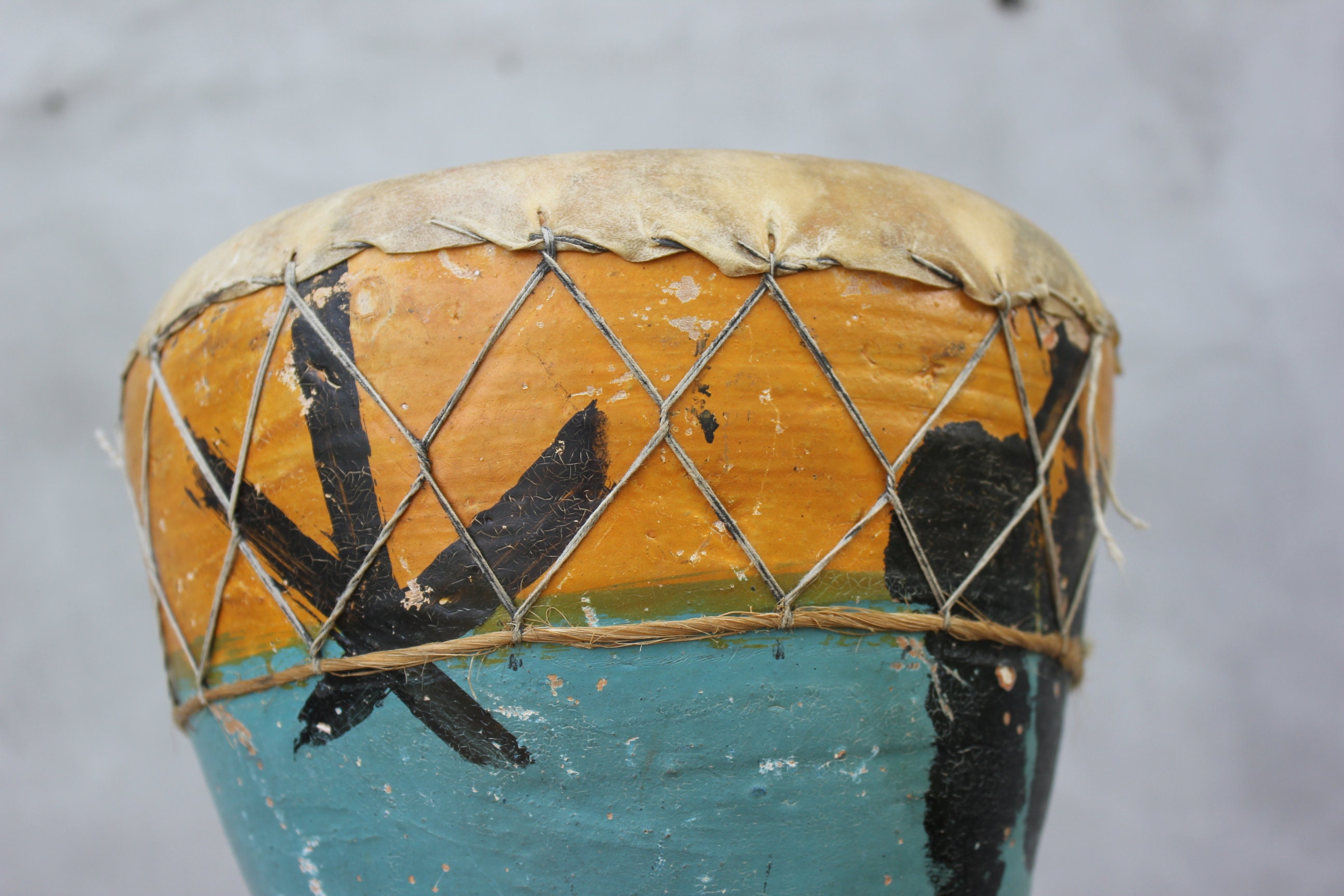 Vintage tribal drum Primitive clay and leather ritual drum | Etsy